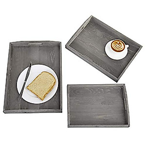 MyGift Vintage Gray Wood Serving Trays - Nesting Breakfast, Ottoman, Decorative Coffee Table Tray with Handles, 3-Piece Set