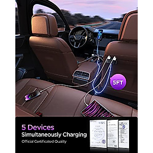 5 Multi USB Car Charger, Car Charger Adapter, USB Car Charger for Multiple Devices, 12V USB Charger Multi Port, Car Charger Cigarette Lighter Adapter USB Charger with 5FT Cable for Back Seat Charging