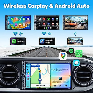 [Upgrade Wireless] Double Din Car Stereo with Wireless Apple Carplay, Android Auto - 7 Inch HD Touchscreen, Bluetooth, Subw, Steering Wheel, MirrorLink, USB/SD/AM/FM Car Radio Receiver, Backup Camera