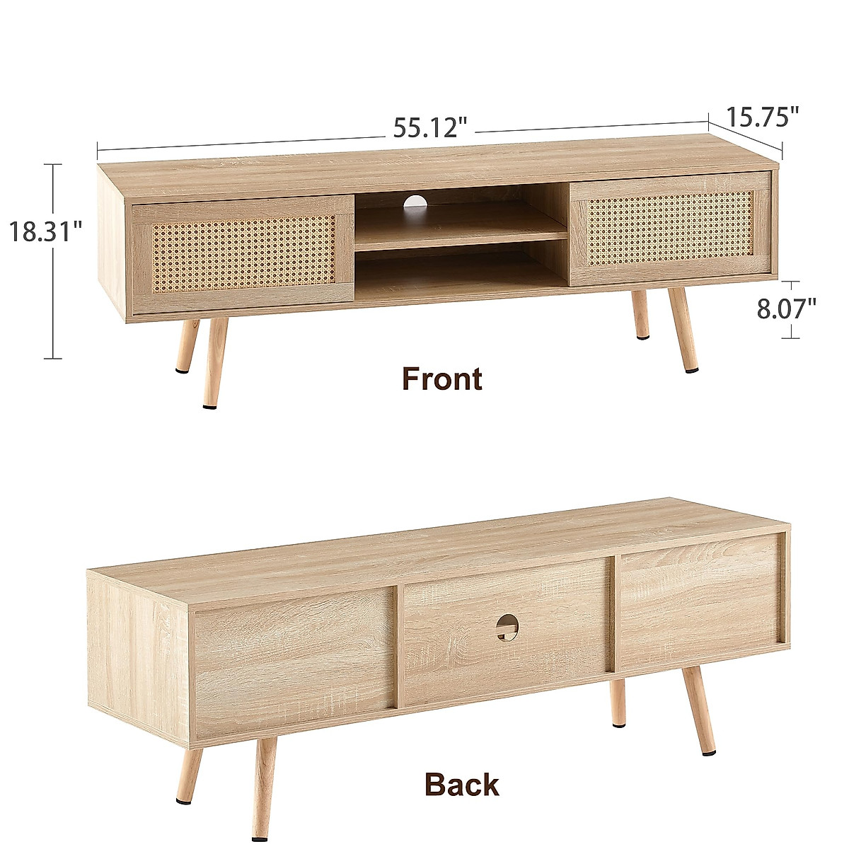 Rattan TV Stand Entertainment Center, 55" L TV Console Table Storage Cabinet Wooden Sliding Doors Plastic Rattan for Living Room Farmhouse Furniture (oak-55)