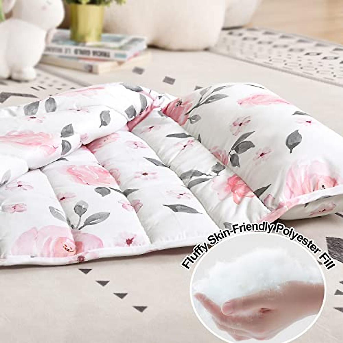 PHF Floral Toddler Nap Mat Set, with Removable Pillow for Toddler Girls, Soft and Lightweight for Daycare, Preschool, Travel, Kindergarten Sleeping Bag, Fits Ages 3-6 Years, Pink Floral