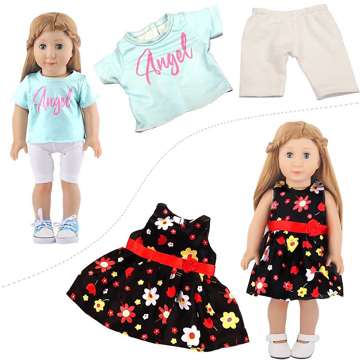 MSYO 16 Pcs 18 Inch Doll Clothes and Accessories, 10 Complete Sets of Doll Outfits, Fashionable Dresses, Frog Pajamas, Doll Pants and Tights, Mini Skirt, Doll Costumes with Hat for Cute Doll Girls