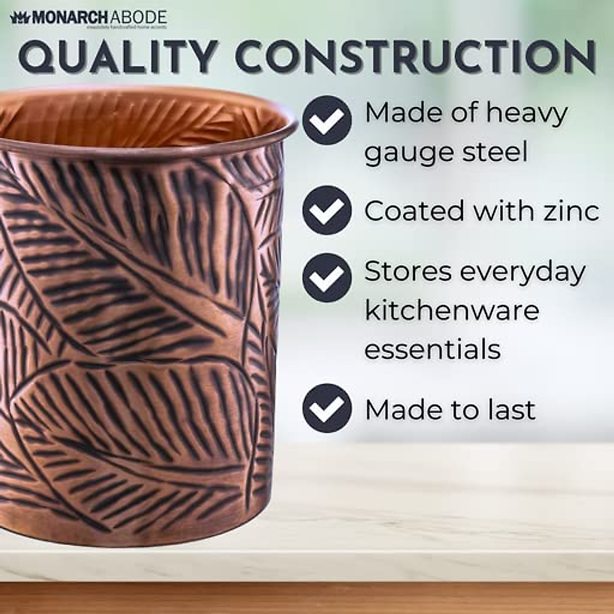 Monarch Abode 49677 Metal Handcrafted Floral Embossed Caddy, Kitchen Interior Organizer for Utensils, Crock for Cooking Utensils, Multipurpose, Large Utensil Holder, Antique Copper Finish