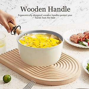 ROCKURWOK Ceramic Nonstick Sauce Pan with Lid, 2 Quart Cooking Pot, Small Saucepan with Steamer, PTFE & PFAS-Free, Wooden Handle for Cool Touch, Universal Base(Gas, Electric & Induction), White