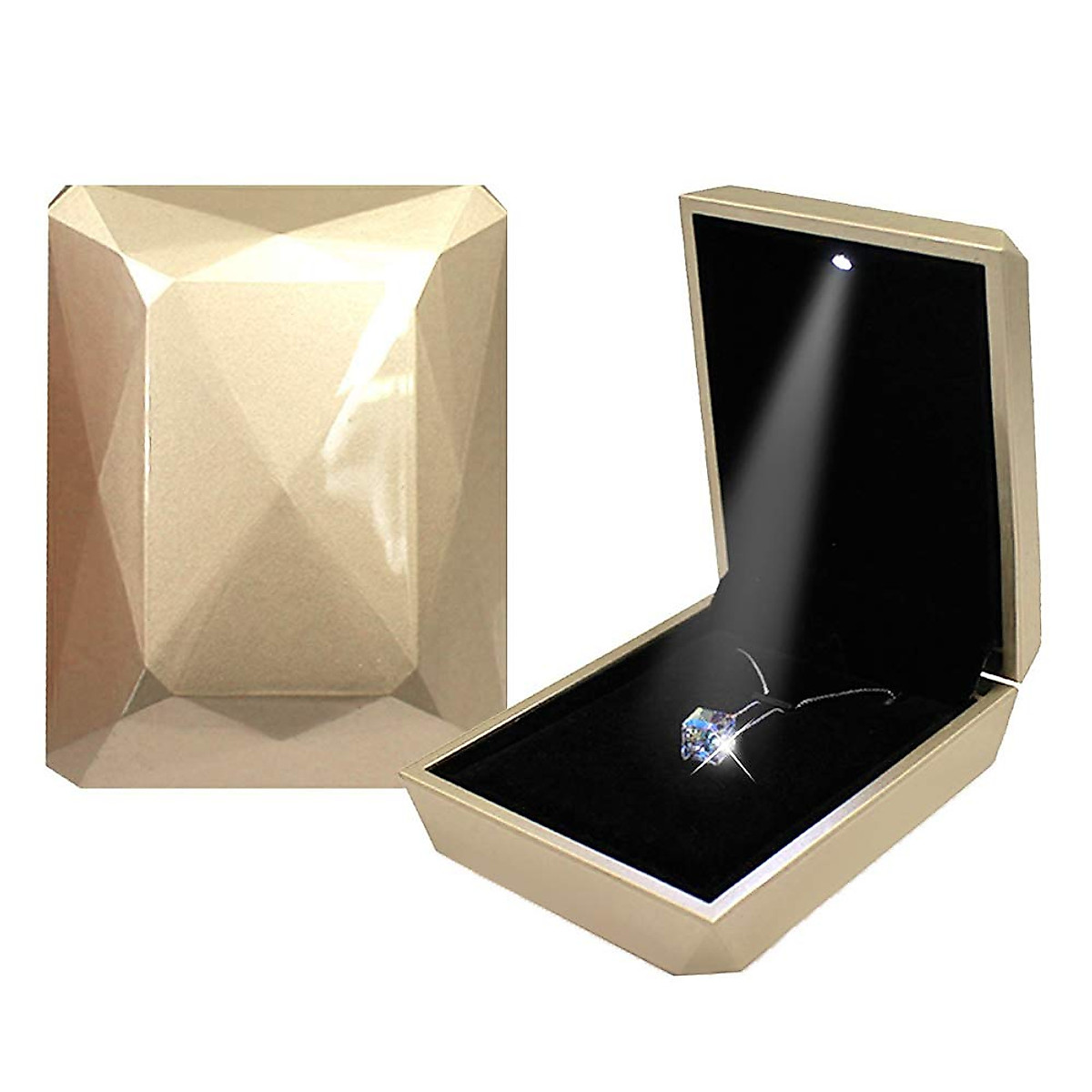 LamQee Necklace Box for Proposal Engagement Wedding Anniversary Birthday Valentine's Day LED Light up Velvet Diamond Pendant Necklace Storage Display Case - Gold