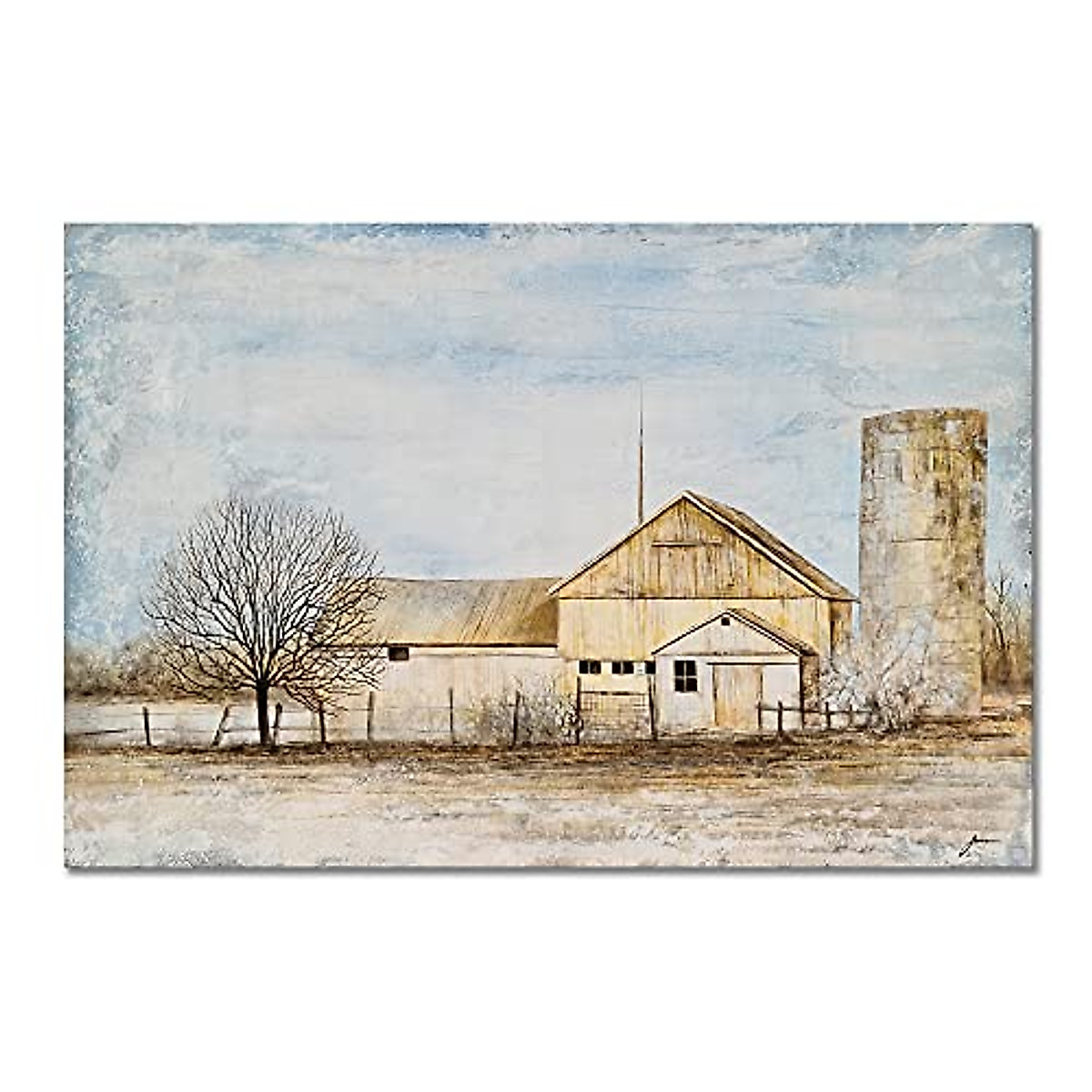 YHSKY ARTS Rustic Canvas Wall Art with Textured Old Barn and Tree Paintings Contemporary Aesthetic Farmhouse Pictures Modern Vintage Artwork for Living Room Bedroom Bathroom Decor