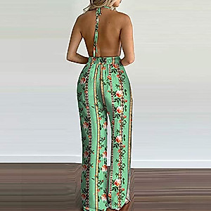 Women's Summer Halter Backless High Waist Loose Leg Floral Print Jumpsuit Long Pants(Green, XL)