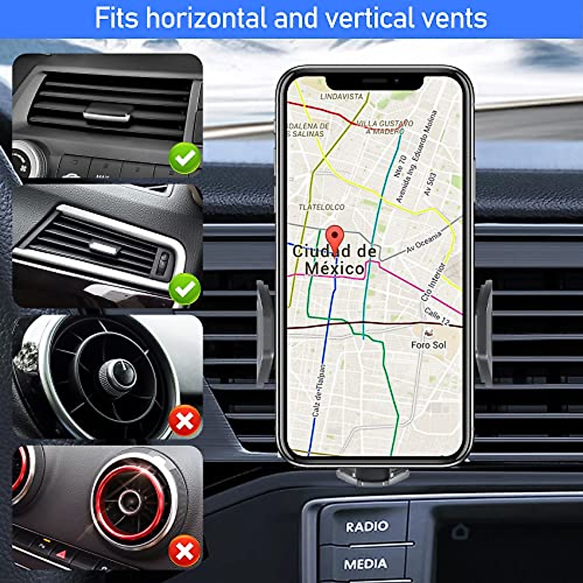 Huryfox Car Phone Holder Mobile Mount - Handsfree Driving Cellphone Stand, Smartphone Support on Dashboard, Windshield, Vent and More, Automobile Cradle Compatible with iPhone, Android Phone