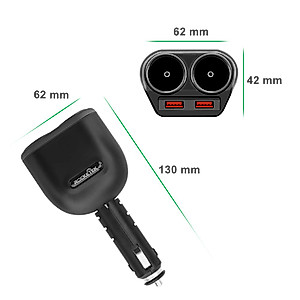 Rocketek Dual USB Quick Charge 3.0 Car Charger Adapter with Build-in 2 Way Car Splitter Adapter, 90W 12V/24V DC Outlet 2-Socket Car Cigarette Lighter for iPhone/ipad/Android Cell Phone, GPS, Car DVD