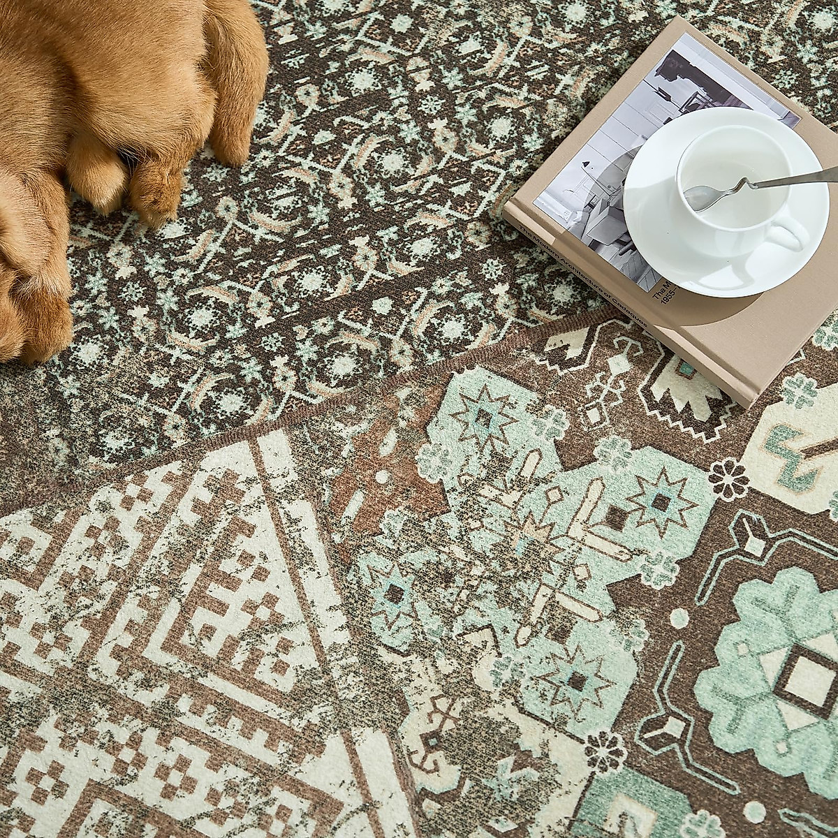 jinchan Boho Area Rug 2x3 Vintage Entryway Rug Patchwork Washable Rug Tribal Doormat Kitchen Rug Floral Print Rug Decor Indoor Non Slip Soft Carpet for Bedroom Bathroom Home Office Brown/Teal