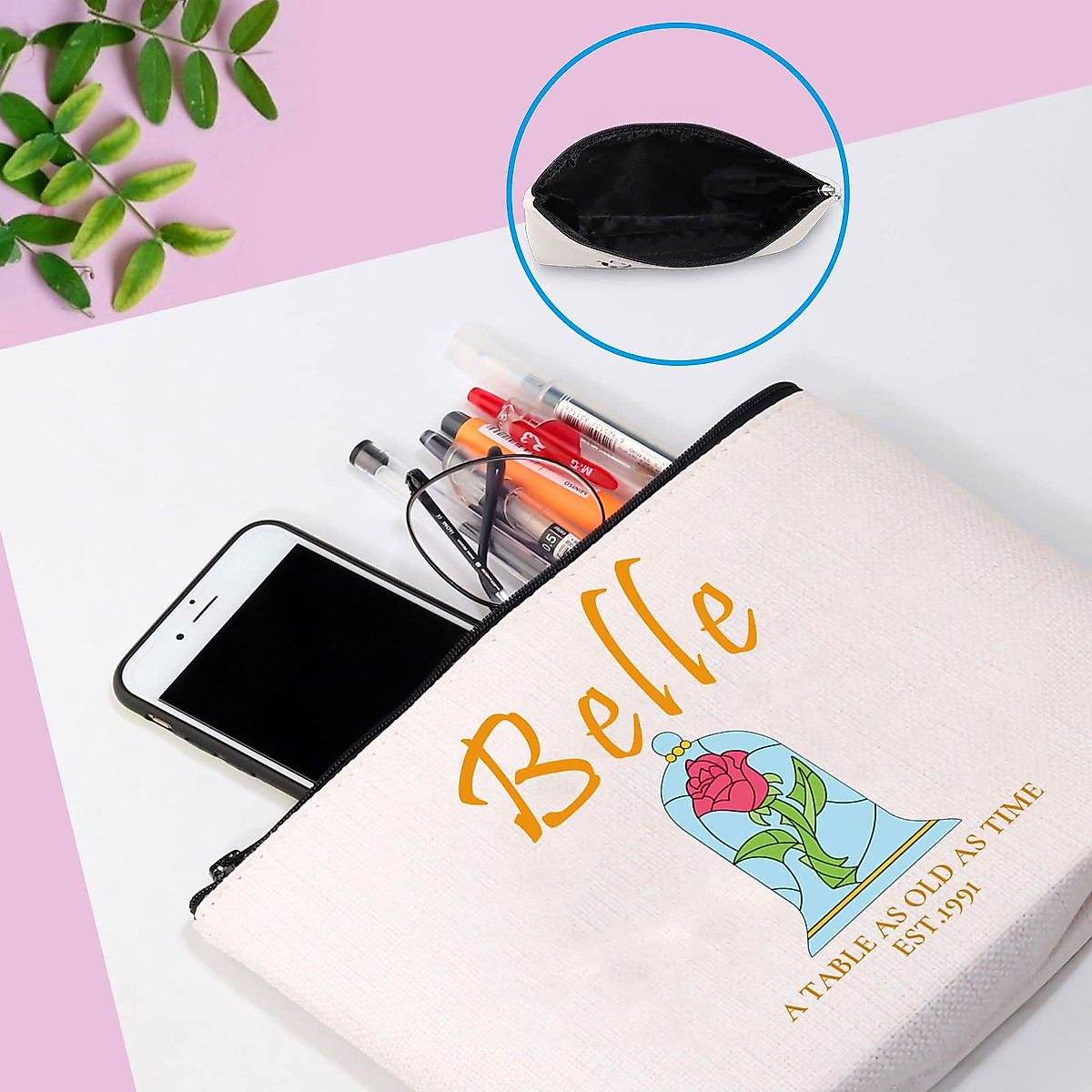 Princess Belle Rose Inspired Zipper Pouch Beauty Fairytale Princess Lover Gift A Table As Old As Time Movie Makeup Bag Gift for Princess Bella Fans (Old as Time Bag)