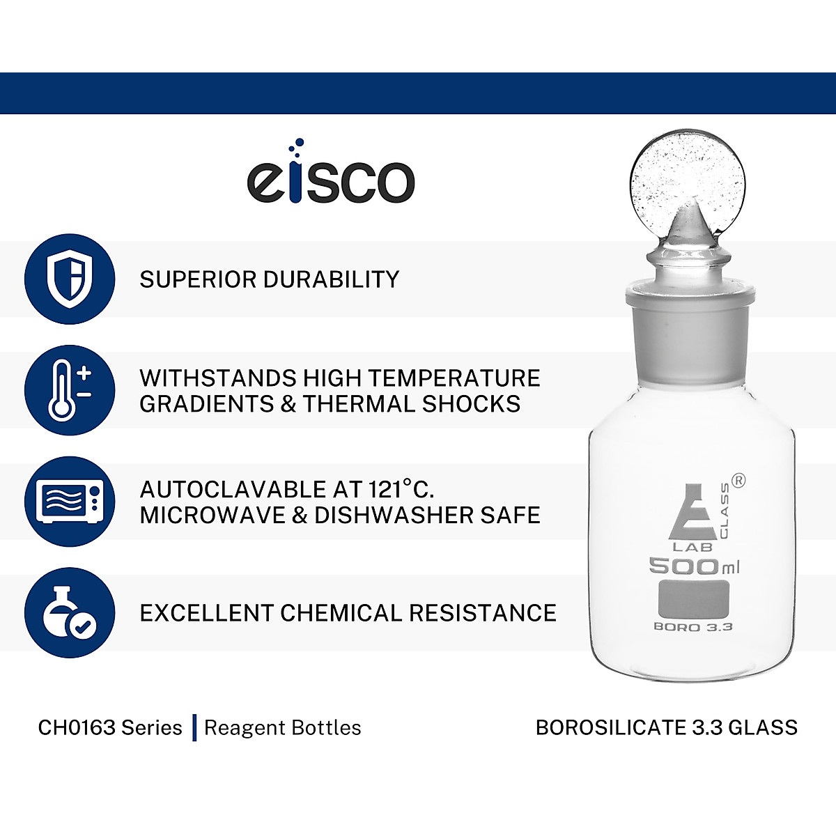 EISCO Reagent Bottle, 1000ml - Wide Mouth and Glass Penny Stopper Borosilicate 3.3- Eisco Labs