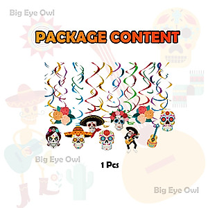 Day of the Dead Sugar Skull Hanging Swirl Decorations dia de los muertos Ceiling Streamers Party Decor Mexican Theme Party Supplies Skull Guitar Flower Halloween Baby Shower Set of 20