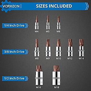 VORXEON 10 Pcs Triple Square Spline Bit Socket Set M4 - M18, S2 Alloy Steel and CR-V XZN Sockets with Storage Case, 1/4” 3/8” 1/2” Drive