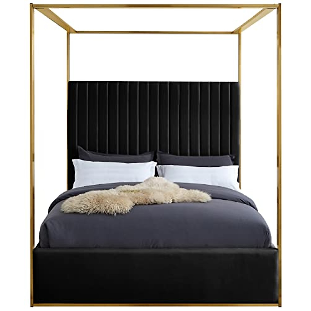 Meridian Furniture JonesBlack-K Jones Collection Modern | Contemporary Upholstered King Bed, Black Velvet, Channel Tufting, Brushed Brass Frame, 82.5" W x 86.5" D x 79" H, Black, King