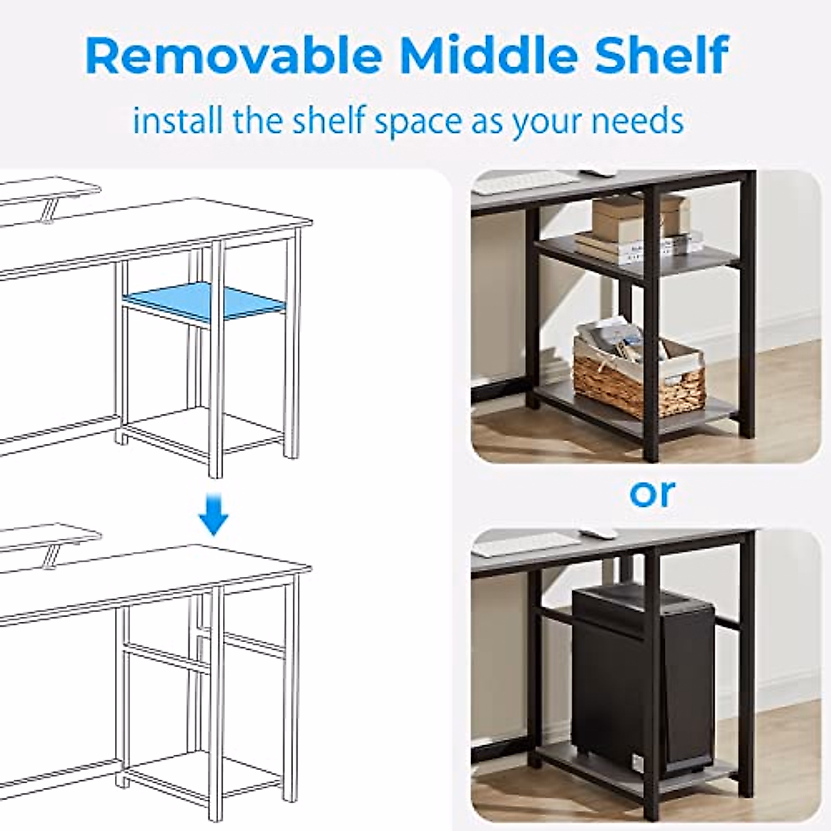 GreenForest Computer Home Office Desk with Monitor Stand and Storage Shelves on Left or Right Side,47 inch Modern Writing Study PC Laptop Work Table,Grey