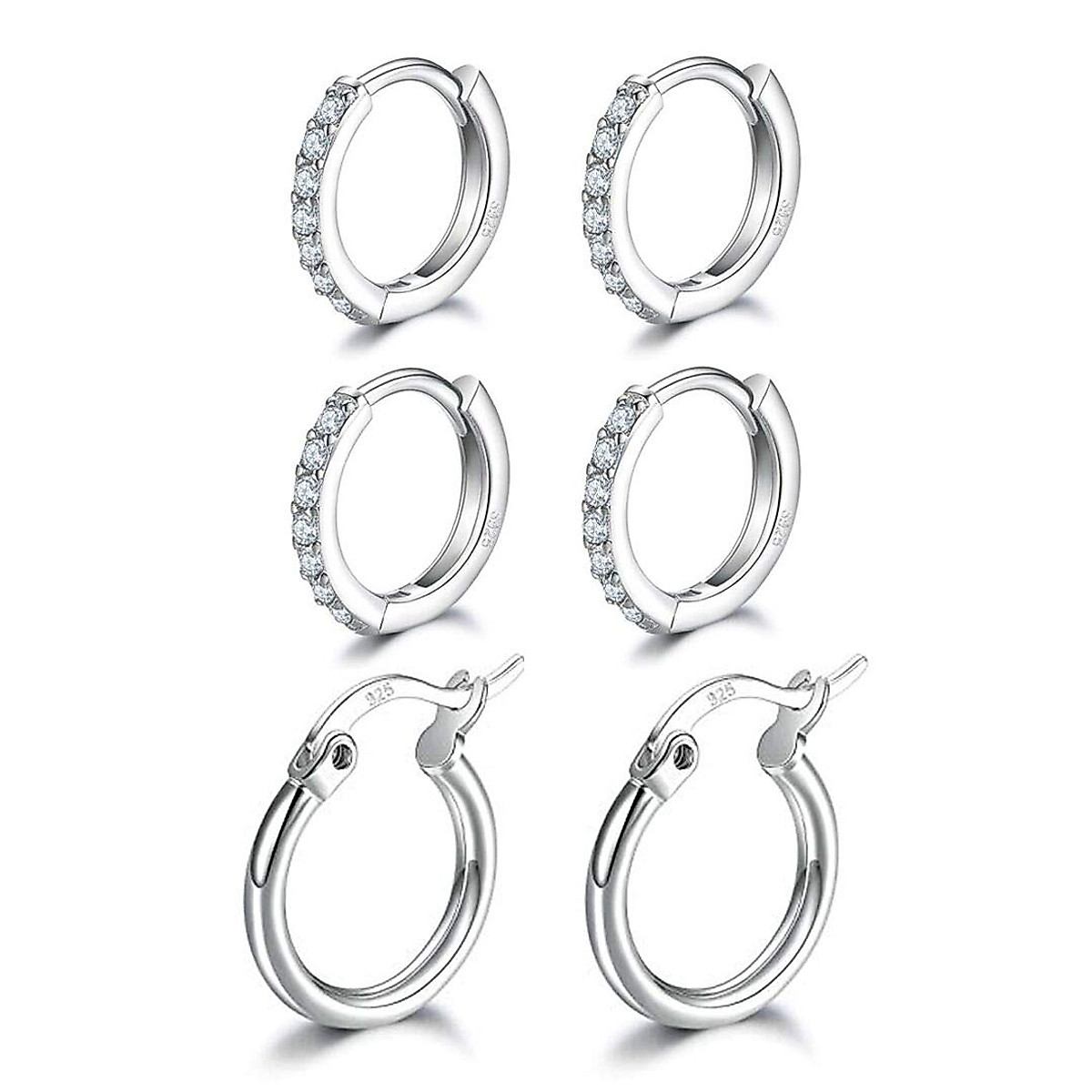 Silver Hoop Earrings- Cartilage Earring Small Hoop Earrings Set/3 Pairs of Hypoallergenic Sterling Silver hoop earrings/Cubic Zirconia Cuff Earrings for Women Men (2 pairs 10mm+1 pair 12mm)