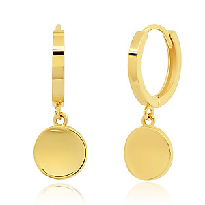 MAX + STONE 14k Yellow Gold Small Huggie Dangle Hoop Earrings for Women with Round Plates 10mm