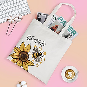 Louise Maelys Canvas Tote Bag for Women Cute sunflower bee Aesthetic cotton Shopping Women gift Reusable Grocery Bags