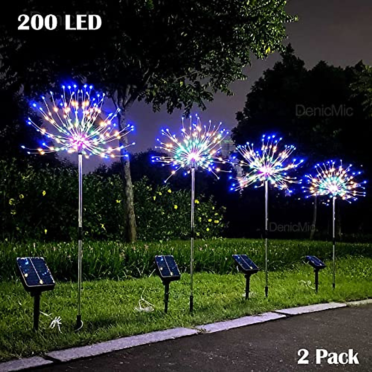 DenicMic 2 Pack Solar Firework Lights Outdoor Garden Lights 200 LED Solar Starburst Lights 8 Mode Solar Star Lights Waterproof Garden Yard Patio Christmas Decor (Multi-Colored)