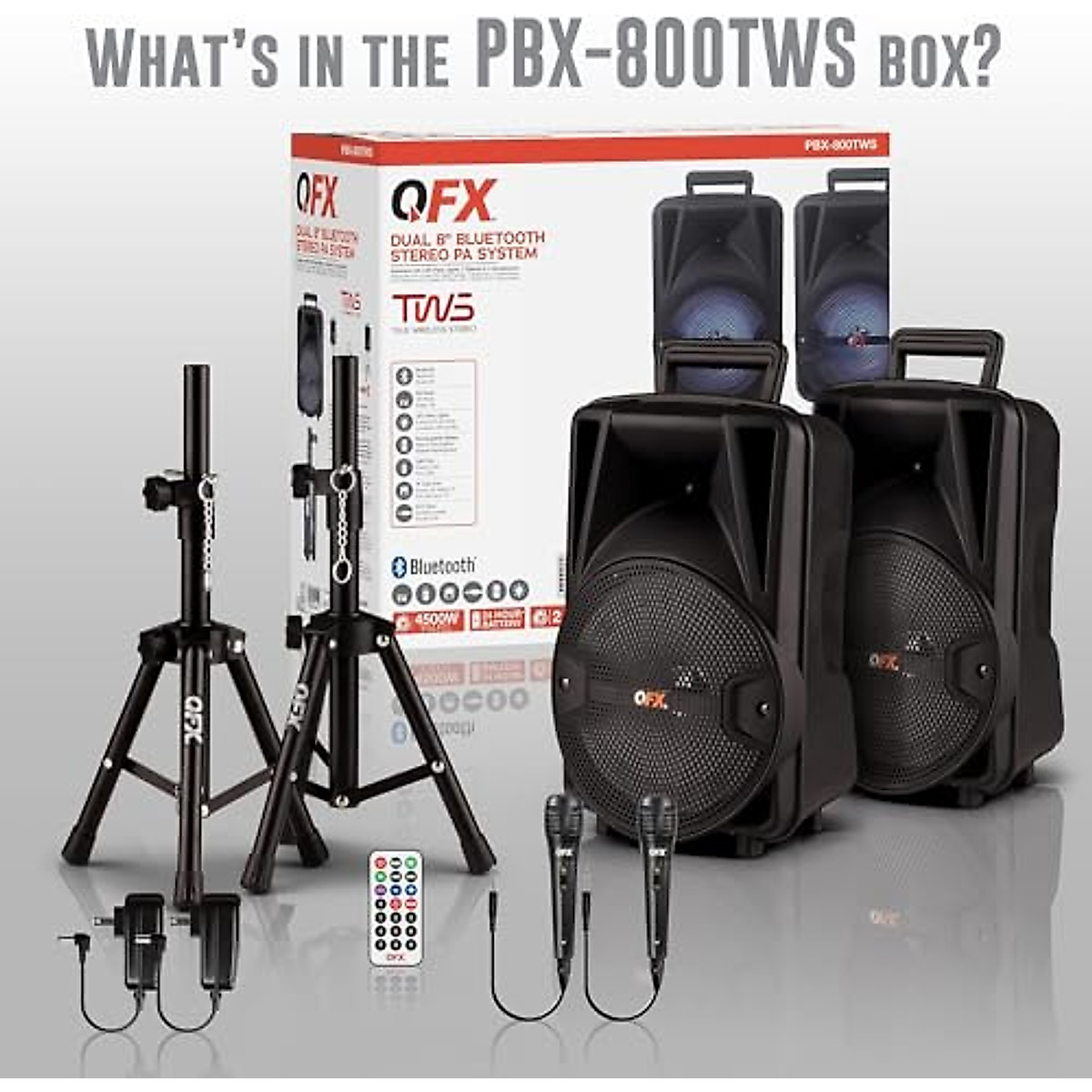 QFX PBX-800TWS 8-Inch TWS Bluetooth Stereo PA System with 2 8" Speakers, 2 Microphones, 2 Stands, and a Remote Control