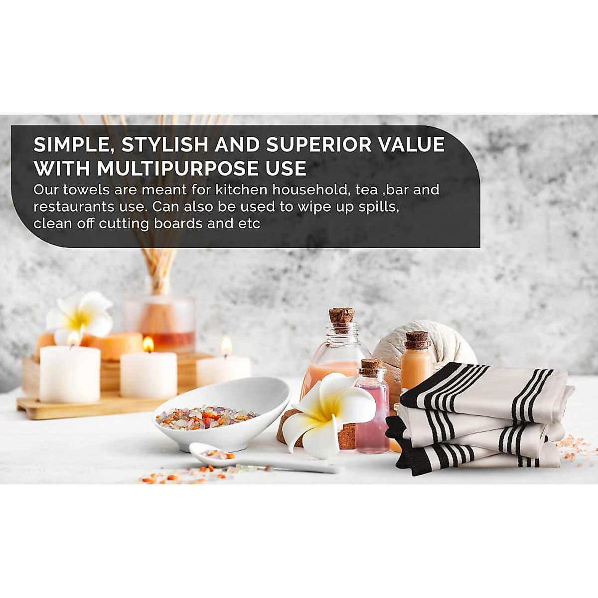 Black White Set of 4 Kitchen Dish Towels 20X30 Inch Extra Large Size Highly Absorbent 100% Cotton Hand Towel with Mitered Corners Modern Stripes For Bar & Tea And Household Use With Hanging Loop