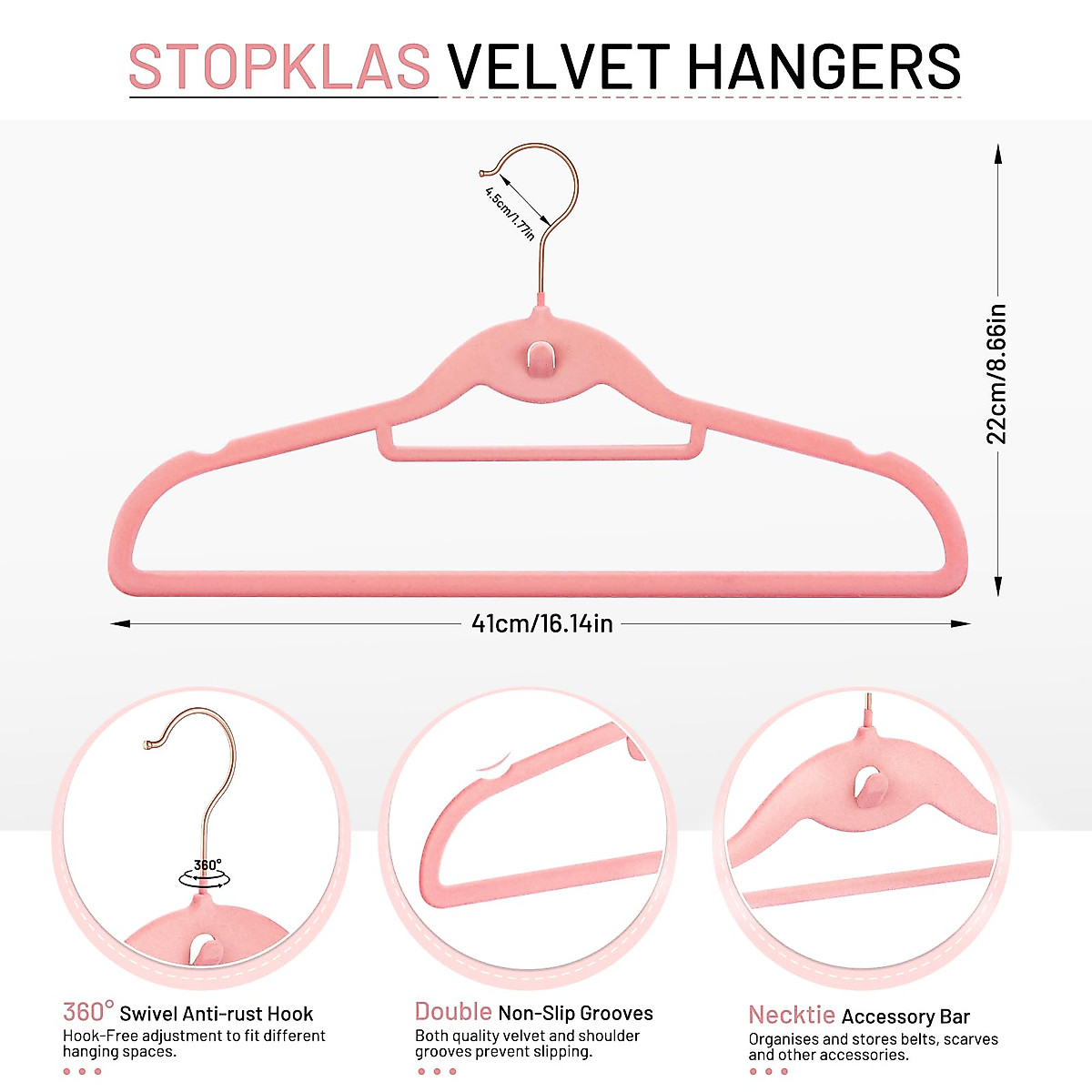 Velvet Hangers 30 Pack, STOPKLAS Pink Clothes Hangers Non Slip Felt Hangers with 360° Swivel Hook, Thin Hangers Space Saving, Heavy Duty Closet Hangers for Clothes, Coats, Suits, Dress, Pants