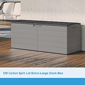 Suncast 120-Gal. All-Weather Patio Deck Box with Pad-Lockable Split Top Lid, Extra-Large Outdoor Storage Unit for Patio Furniture and Grill Tools