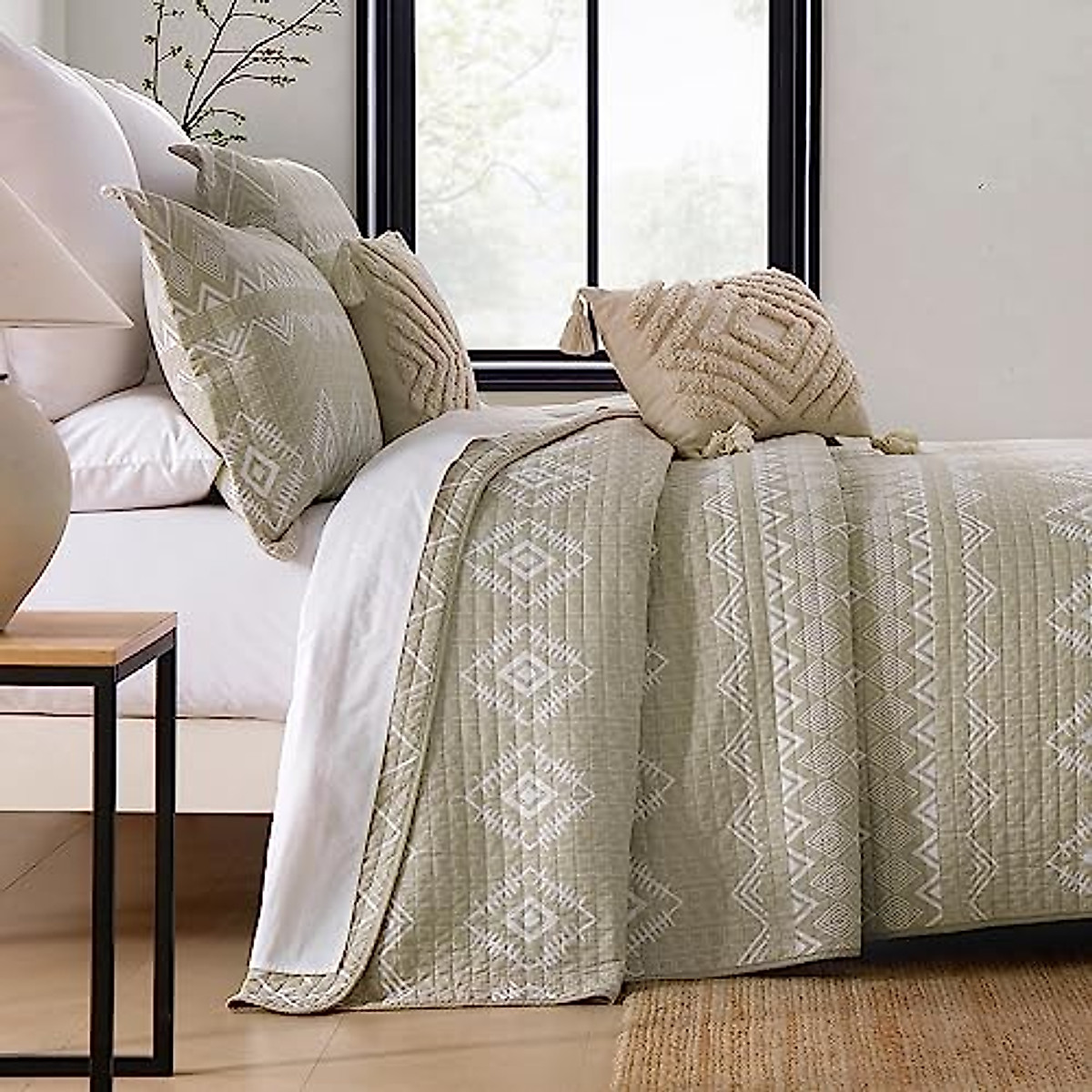 Finlonte King Size Quilt, 100% Cotton Lightweight Boho King Bedspread, Beige White Striped Geometric Soft Reversible Quilt King Size Bedding Set for All Season, 3-Pieces