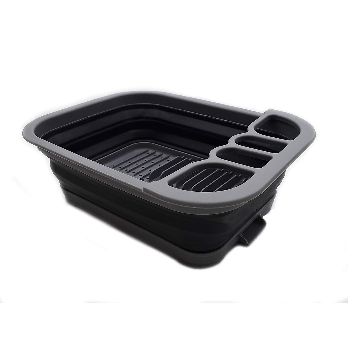 SAMMART Collapsible Dish Drainer with Drainer Board - Foldable Drying Rack Set - Portable Dinnerware Organizer - Space Saving Kitchen Storage Tray (1, Grey/Black)