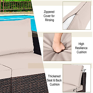 Tangkula 4 PCS Outdoor Wicker Corner Sofa Set, Patio Rattan Loveseat w/Removable Cushions, Sectional Sofa Set Additional Seats for Balcony Patio Garden Poolside (Brown)