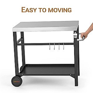 onlyfire Stainless Steel Movable Dining Cart Table, Pizza Oven Table, Multifunctional Utility Cart with Wheels for Outdoors, Kitchen or Backyard Patio
