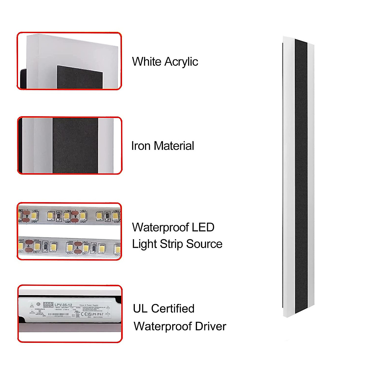 Outdoor Long Strip Modern LED Wall Lighting Fixture Lamps, Elegant Frosted White Acrylic, Black Aluminum Body IP65 Waterproof Anti Rust (Cold White, 60inch)