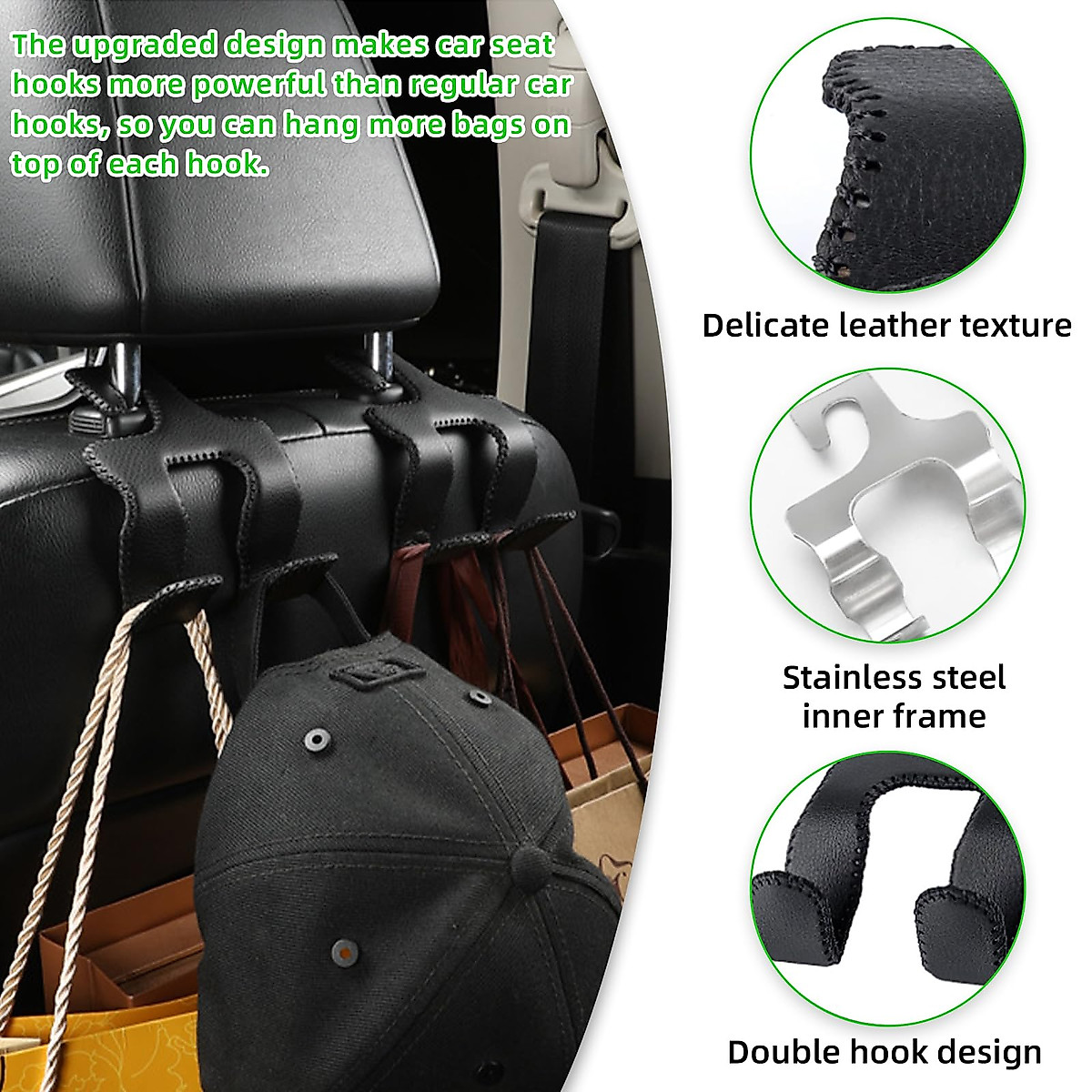 Kewucn Upgraded Car Seat Headrest Hook, Durable Leather Auto Back Seat Hangers Storage Organizer, Universal Vehicle Interior Accessories for Hanging Purses, Umbrellas, Bags, Coats (Black)