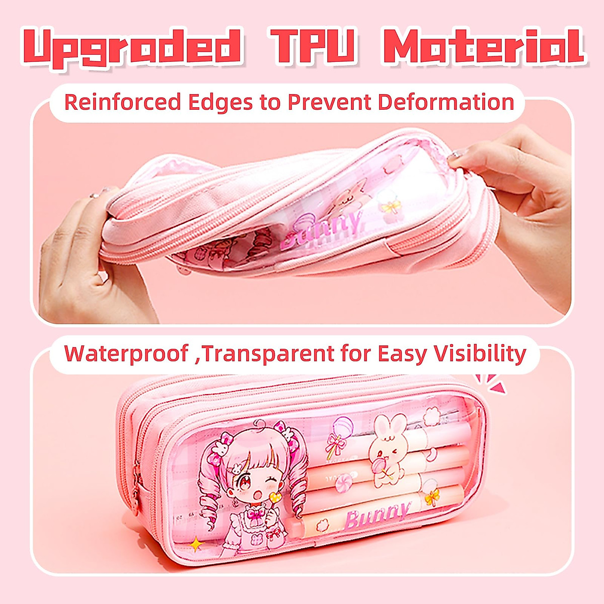 MILLEVIBE ITA Pencil Pouch Kawaii Large Capacity Pen Case : Cute Aesthetic Pencil Box Stationery Supplies for Teen Girls, 4 Included Highlighters (Pink)