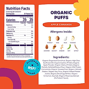 Ready Set Food Organic Puffs – Early Allergen Introduction Snack Puffs w/ 9 Top Allergens: Organic Peanuts, Cashew, Egg & More, No Added Sugar, Babies 8+ Months (Daniel Tiger Apple Cinnamon, 2 Pack)