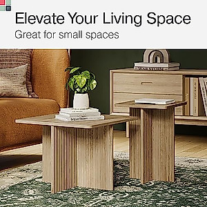 Square Fluted Nesting Coffee Table - 2 Piece Square Coffee Table Set - Living Room Furniture - Modern Home Decor - Solid Oak Base (Natural Oak)