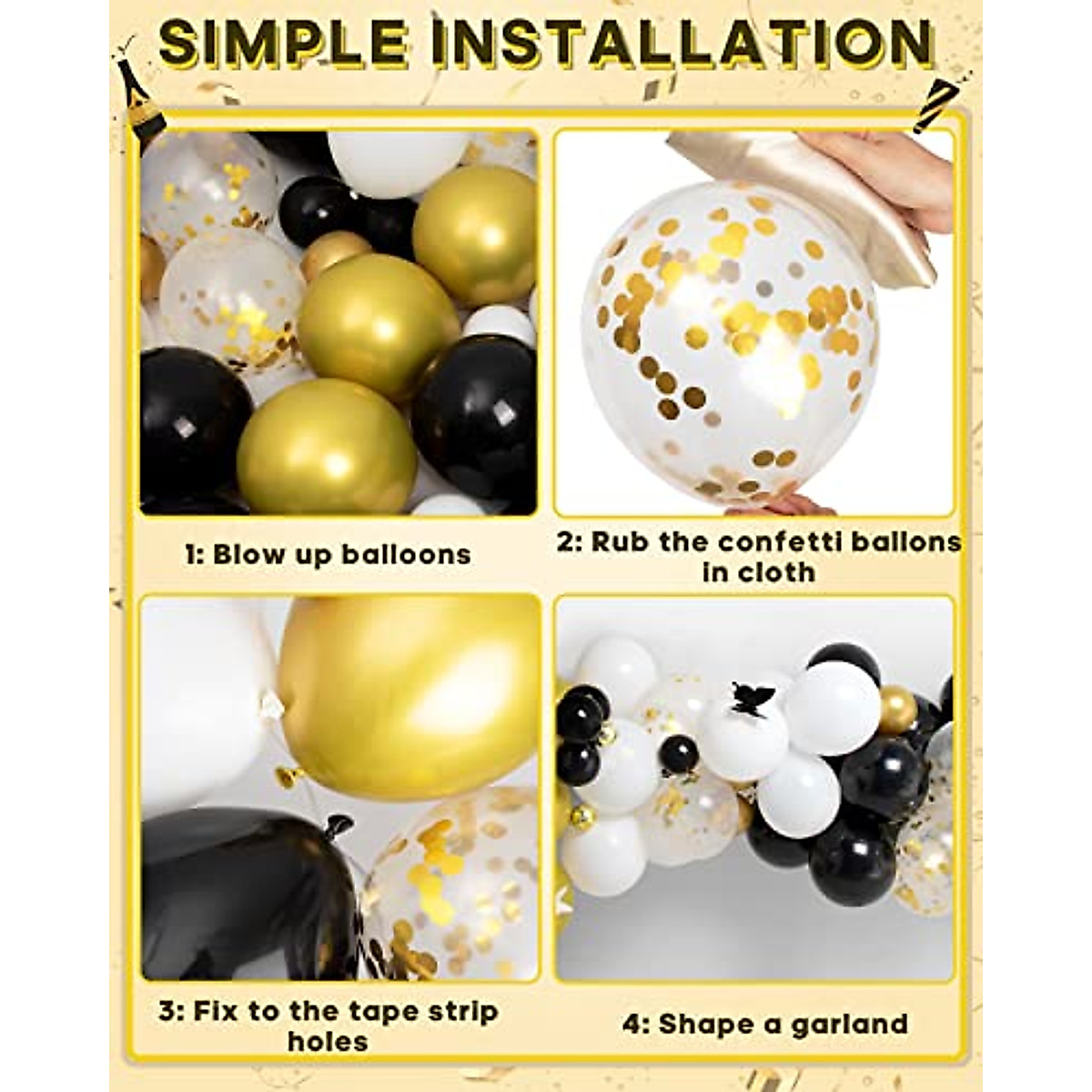 MOMOHOO Black and Gold Balloons Garland - 100Pcs 12/10/5" Gold Black White Balloons Confetti Balloons, New Year Balloons Graduation Balloons Latex Balloon for Graduation, Metallic Gold Birthday Ballon