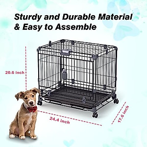 Docal Heavy Duty Dog Crate with Wheels, Easy to Assemble Medium Dog Kennel Dog Playpen with Double Door and Drawer Leak-Proof Tray, Multiple Stackable Thick Sturdy Carbon Steel Pet Cage，Black 24 inch