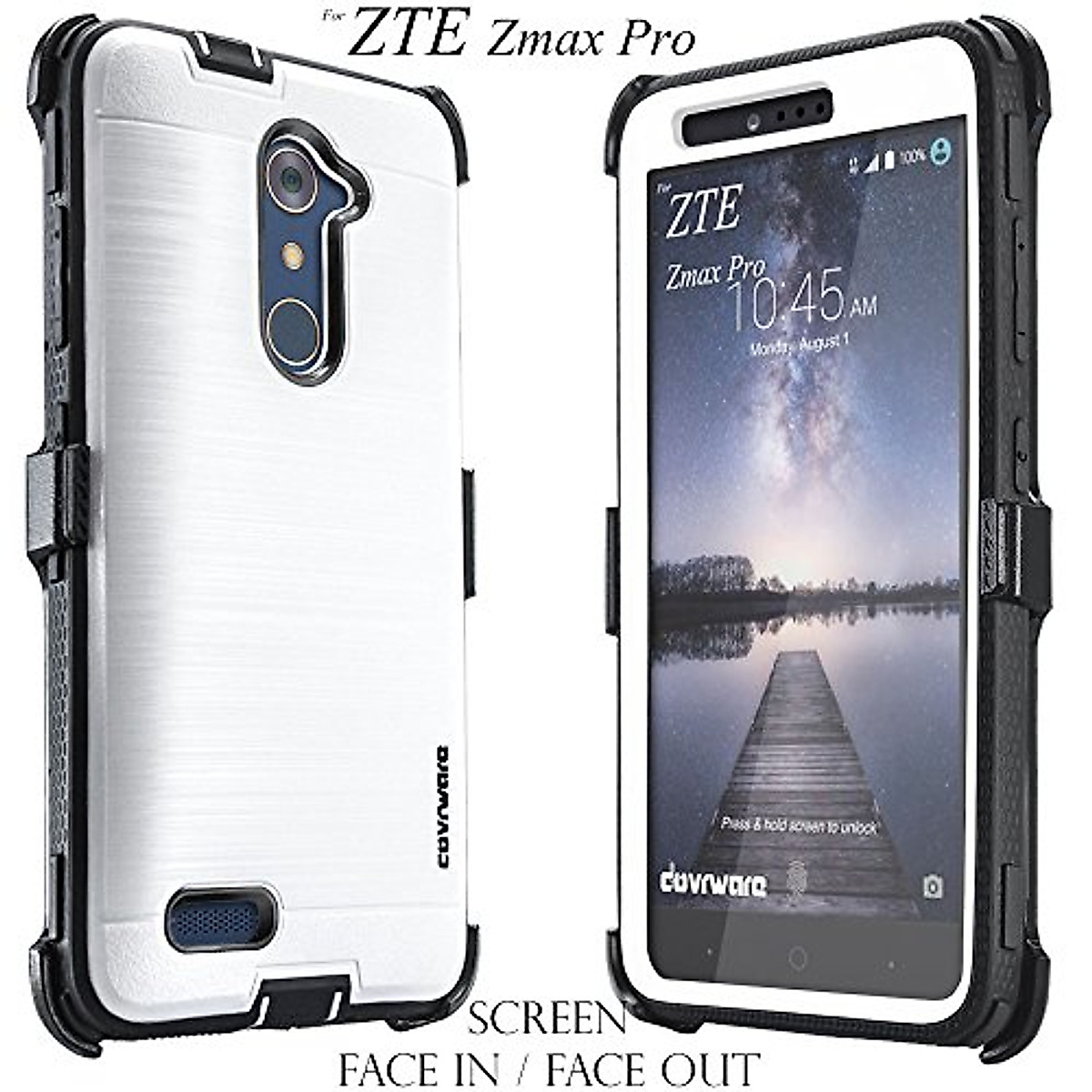 COVRWARE [Iron Tank] case Compatible with ZTE ZMAX PRO/ZTE Carry, with Built-in [Screen Protector] Full-Body Rugged Holster Armor Case [Brushed Metal Texture Design][Belt Clip][Kickstand], White