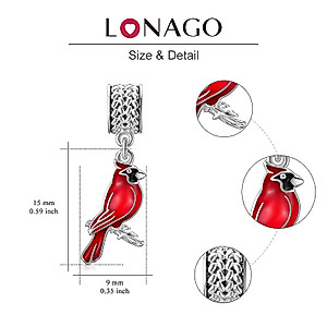 LONAGO Red Cardinal Charm 925 Sterling Silver Dangle Bird Bead Fit Bracelet Our Love Never Dies Gifts for Women Mom