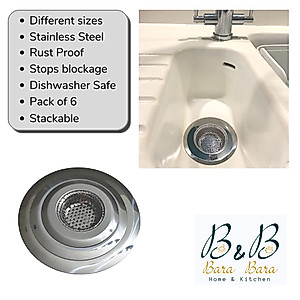 BaraBara Kitchen Sink Strainer, Stainless Steel Sink Drain Strainer, Kitchen Sink Strainer Basket, 6 Pieces Ideal for Kitchen, Bathroom, Shower Room.