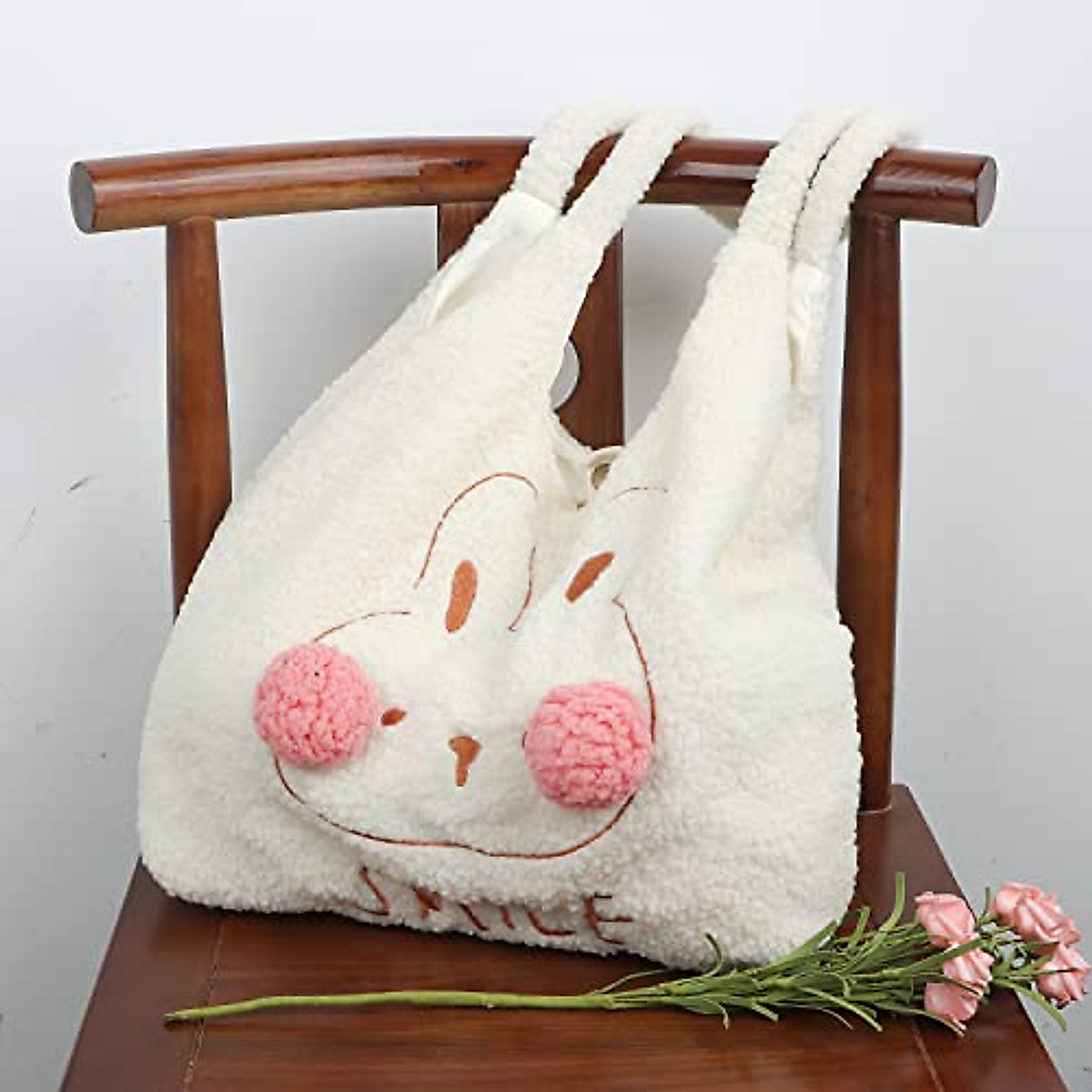 KUANG! Teddy Plush Shoulder Handbag Purse Cute Bear Fluffy Hairball Tote Plush Handbag Faux Lambs Wool Large Shopping Bag