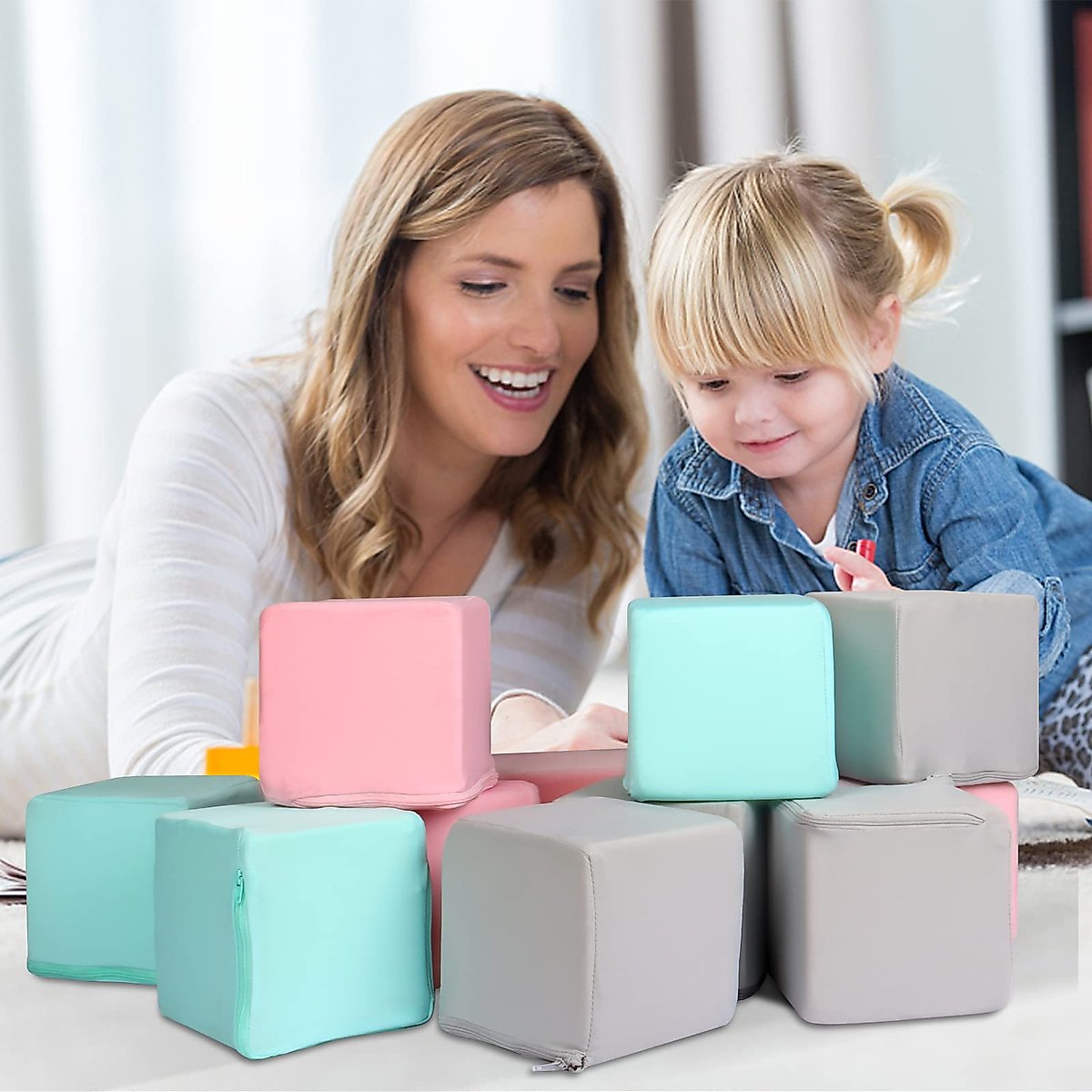 TRENDBOX Toddler Foam Cubes, 12 Pcs 5.5inch Soft Foam Blocks with Detachable Washable Cover, Soft Stacking Blocks for Baby（Light Gray/Pink/Blue