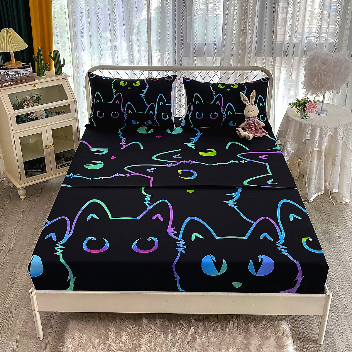 BailiPromise Cute Cartoon Cat Sheets Set Twin Size,Kawaii Simple Strokes Animals Kids Bed Sheets with Pillowcase,Cot Sheets Fitted Sheet with 16" Deep Pocket,for Girls Boys Teen Bedding 4 Piece Set