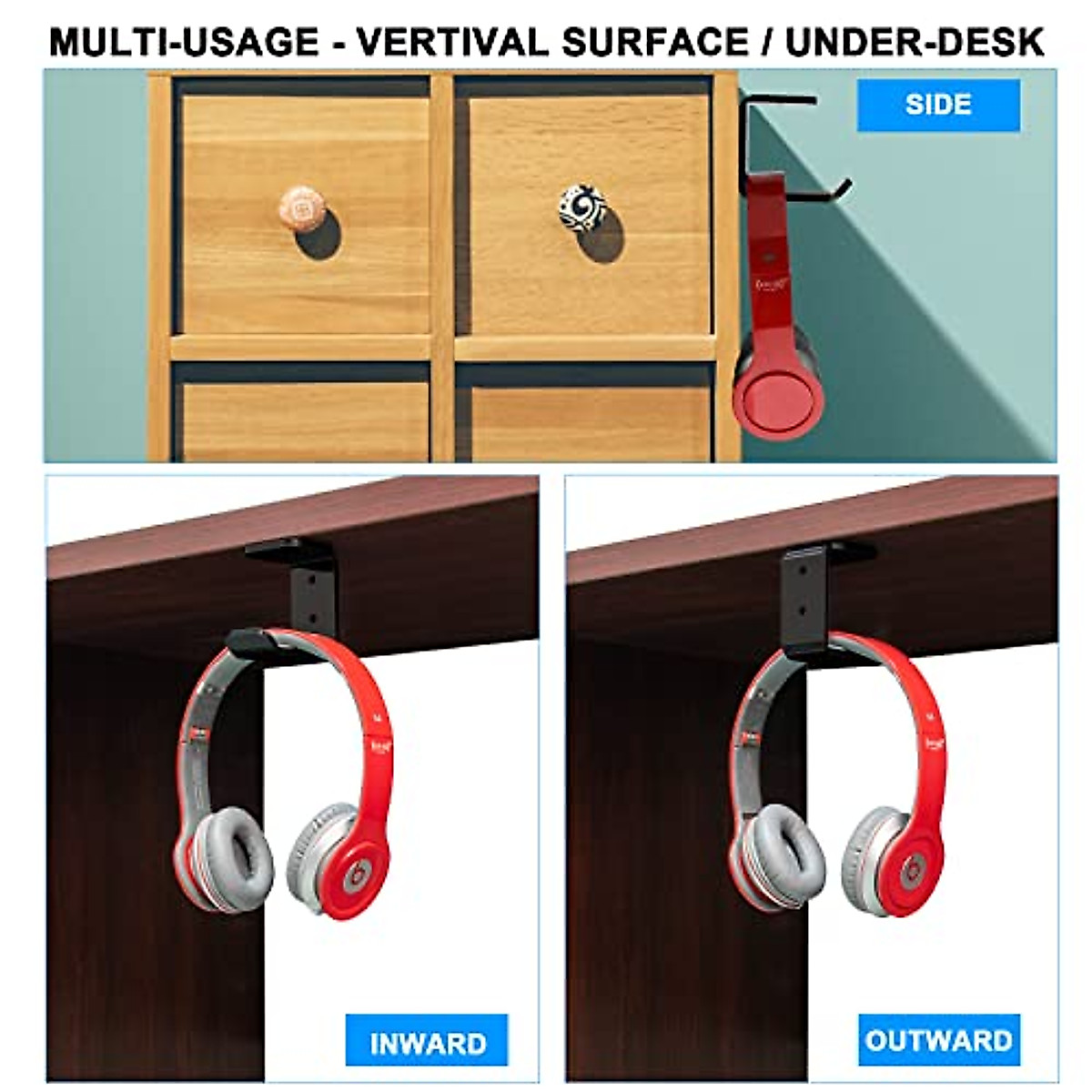 Cosmos 2 Pcs Headphone Hanger Mount Under-Desk Headset Hanger Hook Earphone Holder Wall Mount Hooks with Adhesive Tape & Screw Set Compatible with PC Gaming DJ Headset, Acrylic (Solid Black)