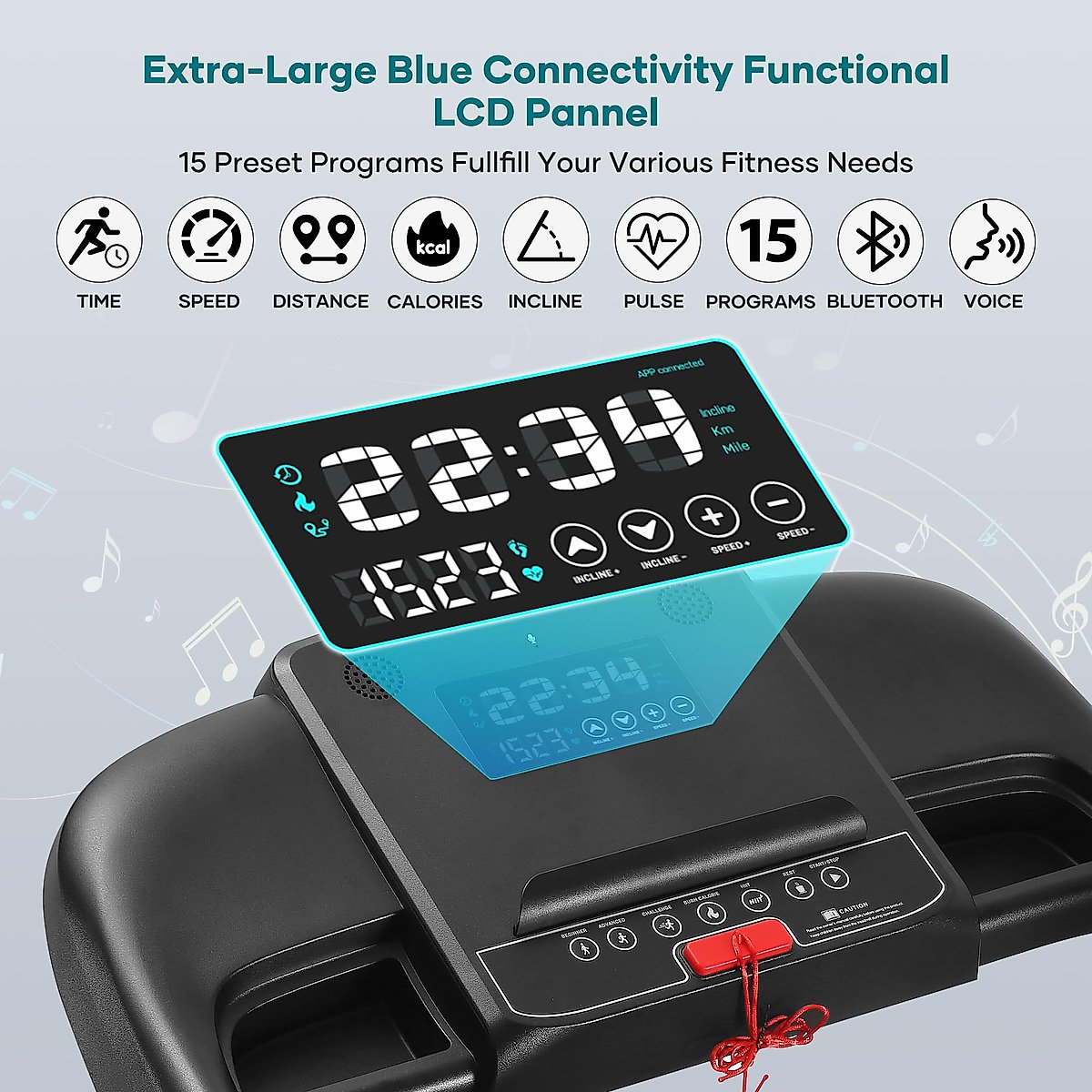 Treadmill with 15% Auto Incline 17.5'' Foldable Treadmill with Bluetooth Speaker Control Treadmill with Incline 5 Pre-Set Training Programs LCD Monitor 8.5 MPH Treadmills for Home Office Gym Use