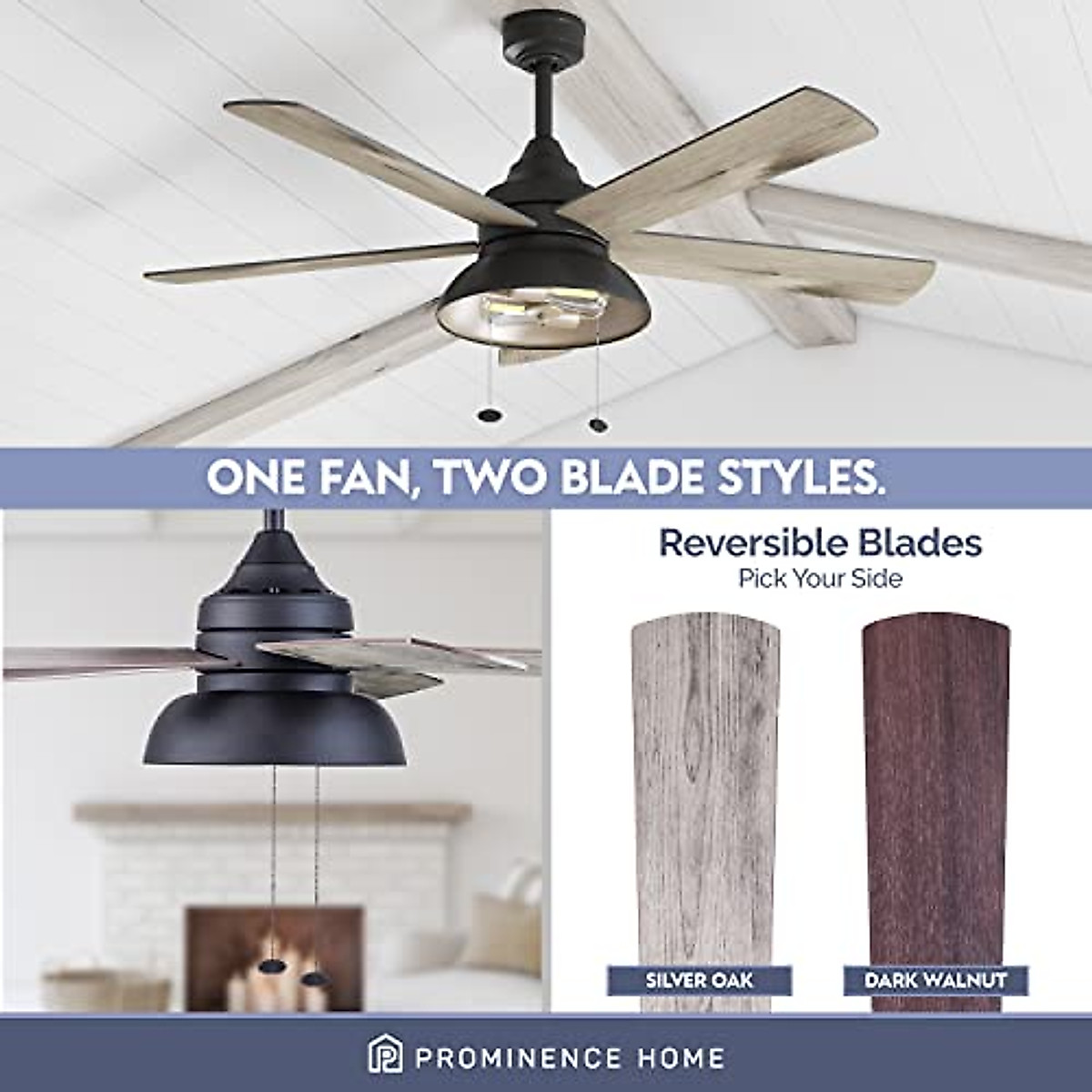 Prominence Home Brightondale, 52 Inch Industrial Style Indoor Outdoor LED Ceiling Fan with Light, Pull Chain, Dual Mounting Options, 5 Dual Finish Blades, Reversible Motor - 51659-01 (Matte Black)