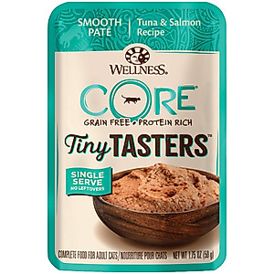 Wellness CORE Tiny Tasters Wet Cat Food, Complete & Balanced Natural Pet Food, Made with Real Meat, 1.75-Ounce Pouch, 12 Pack (Adult Cat, Tuna & Salmon Pate)