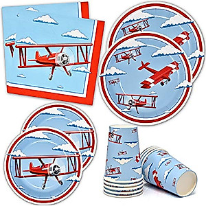 Airplane Party Supplies Tableware Set 24 9" Dinner Plates 24 7" Plate 24 9 Oz. Cups 50 Lunch Napkins Time Flies Taking Flight Plane Themed Disposable Paper Goods For Baby Shower & Birthday Party Decor